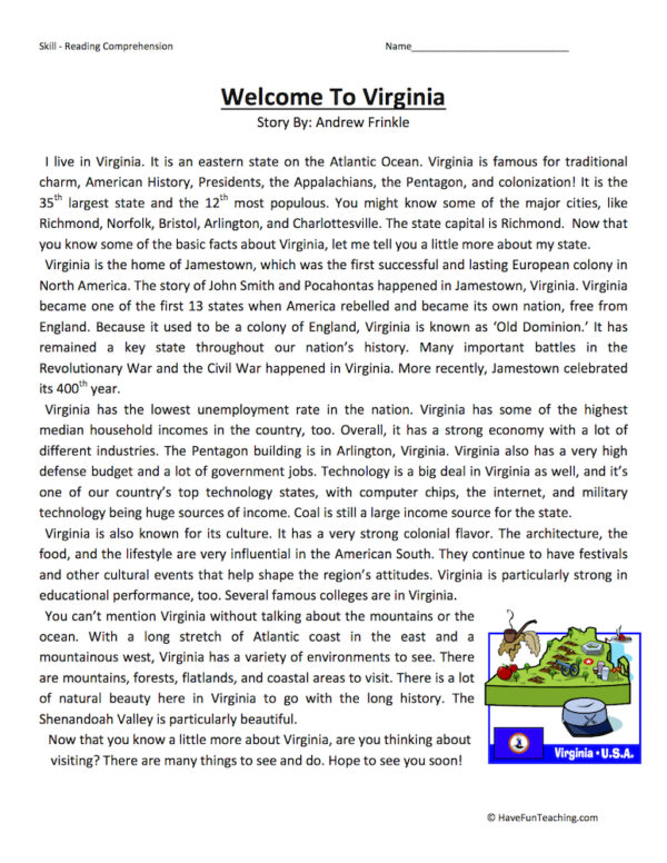Welcome to Virginia Reading Comprehension Worksheet - Have Fun Teaching