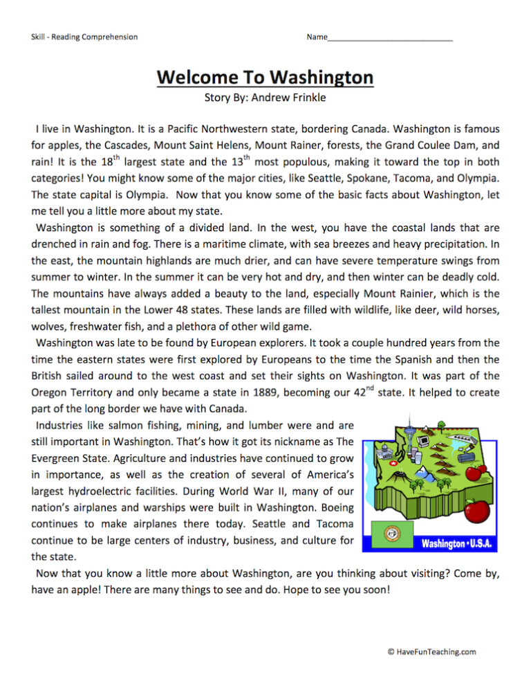 Welcome to Washington Reading Comprehension Worksheet - Have Fun Teaching