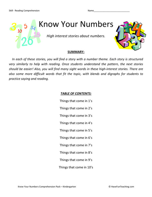 Know Your Numbers Reading Comprehension Test Collection - Have Fun Teaching