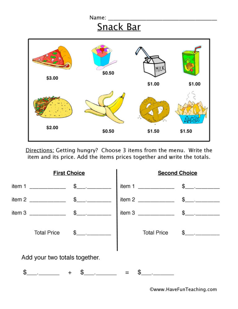 Ordering from a Snack Bar Worksheet - Have Fun Teaching
