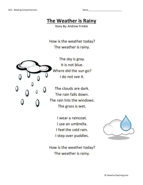 The Weather is Rainy Reading Comprehension Worksheet - Have Fun Teaching