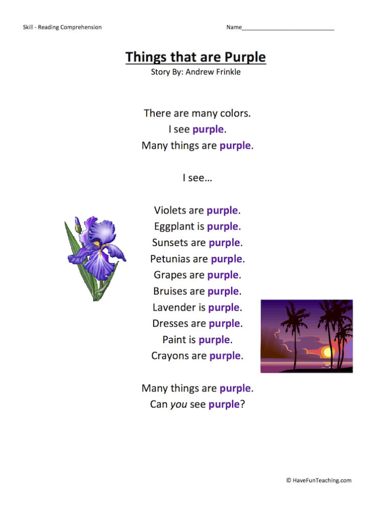 Things that are Purple Reading Comprehension Worksheet - Have Fun Teaching