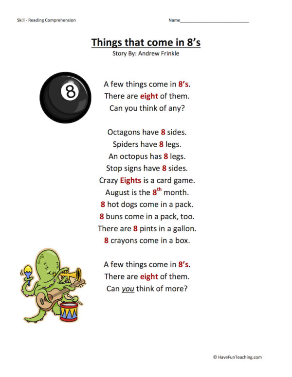 Things that come in 8s Reading Comprehension Worksheet - Have Fun Teaching