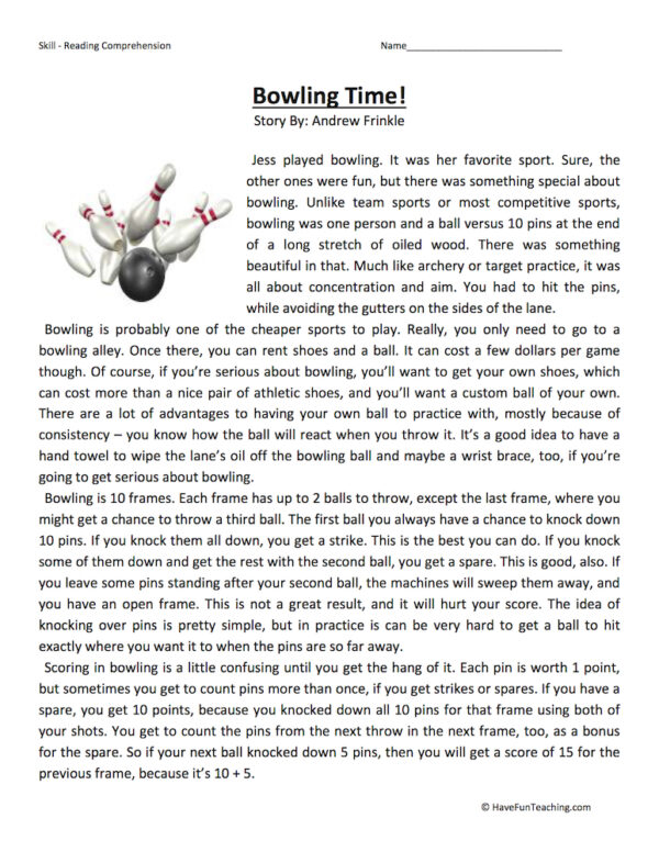Bowling Time Reading Comprehension Worksheet - Have Fun Teaching