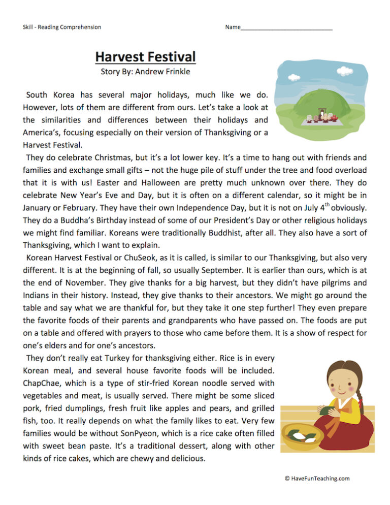 Harvest Festival Reading Comprehension Worksheet - Have Fun Teaching