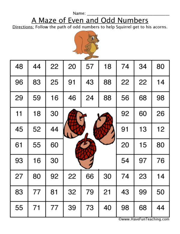 Odd Number Squirrel Maze Worksheet - Have Fun Teaching