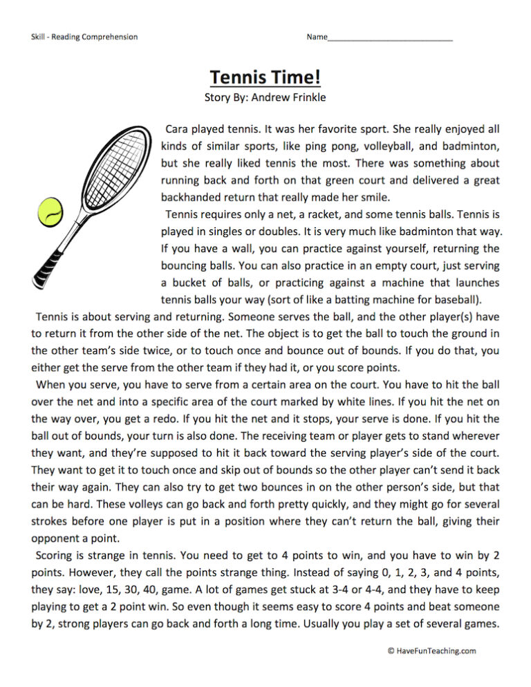 Tennis Time Reading Comprehension Worksheet - Have Fun Teaching