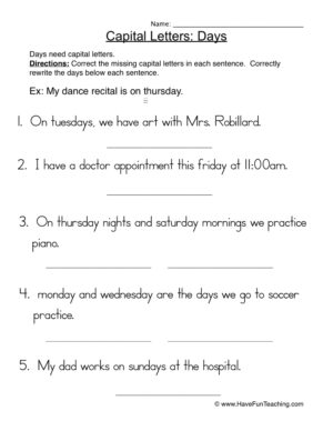 Capital Letters Days Sentences Worksheet - Have Fun Teaching