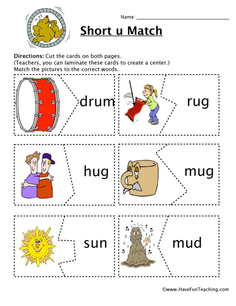 Short U Matching Game Worksheet - Have Fun Teaching