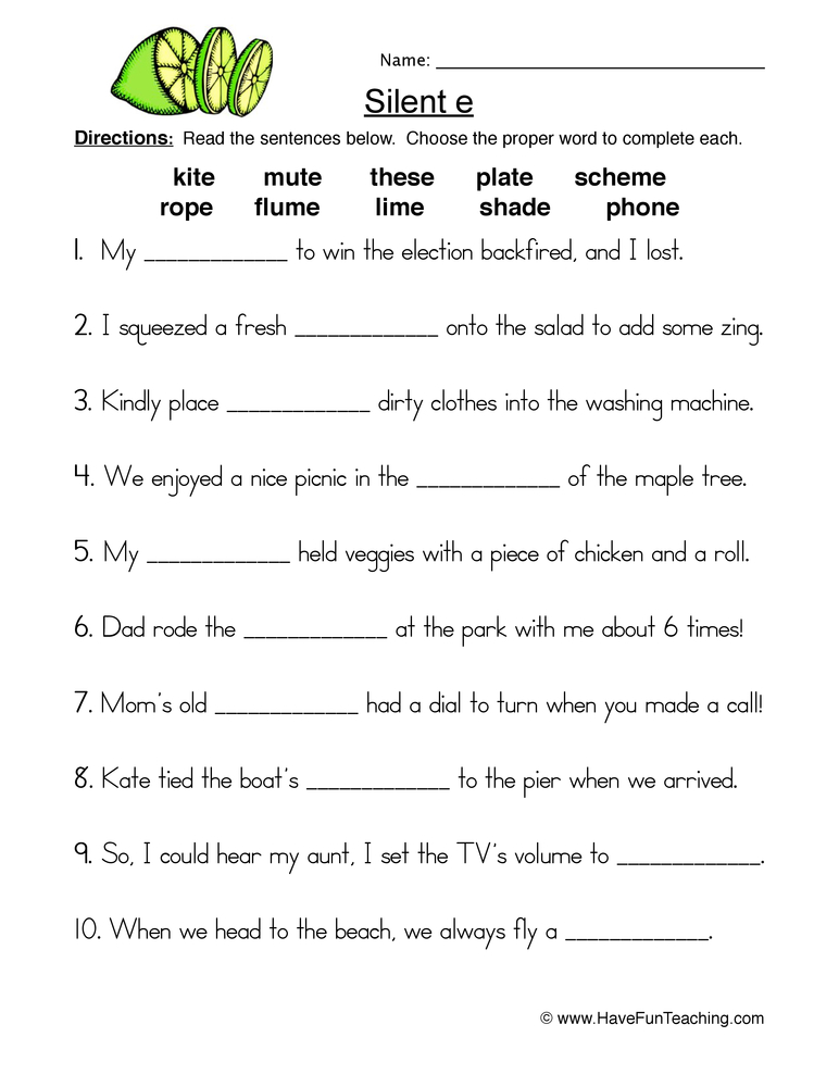 Silent E Worksheet 1 Silent E Worksheet 1
