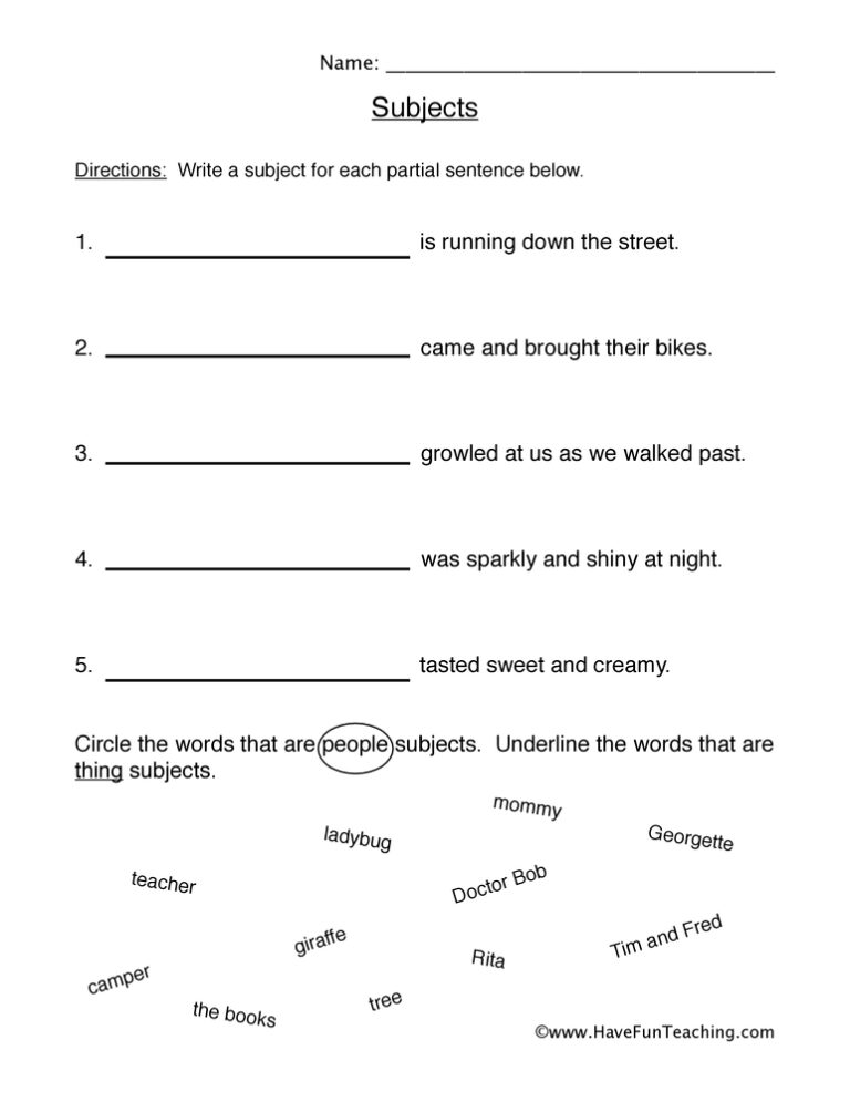 Write the Subject Worksheet - Have Fun Teaching