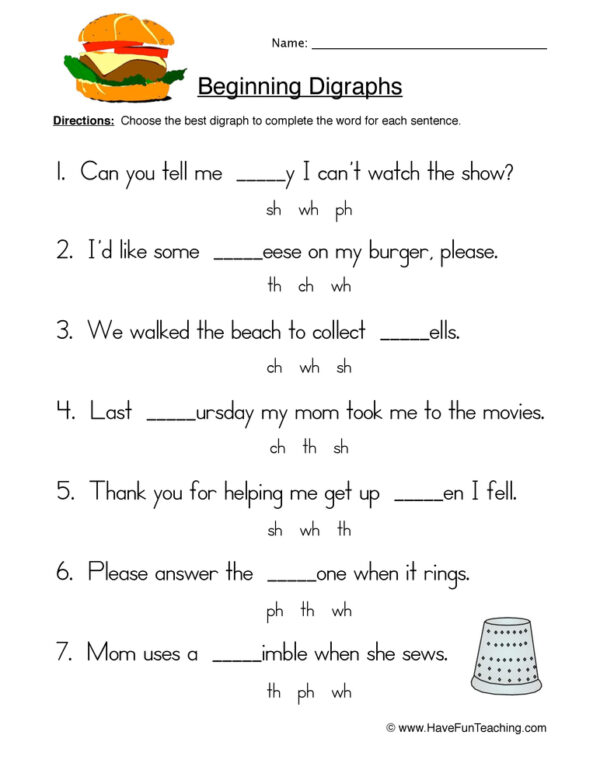 Beginning Digraphs Fill in the Blank Worksheet - Have Fun Teaching