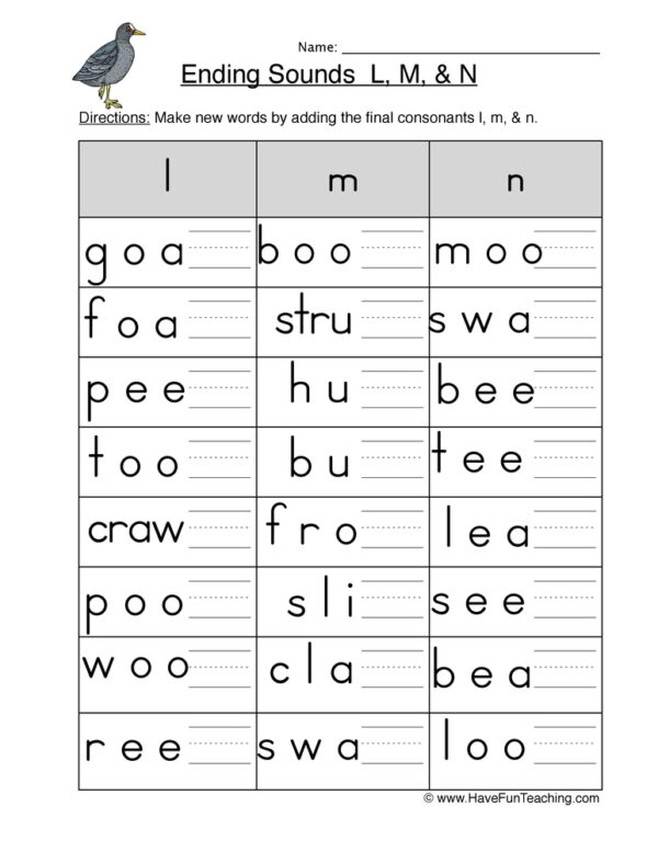 Ending Sounds L M N Worksheet - Have Fun Teaching