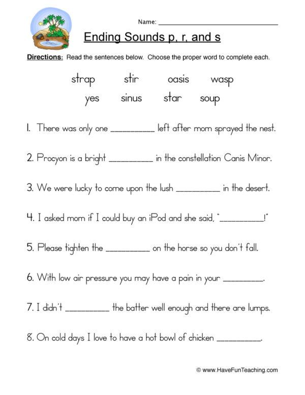 Ending Sounds P R S Sentences Worksheet - Have Fun Teaching