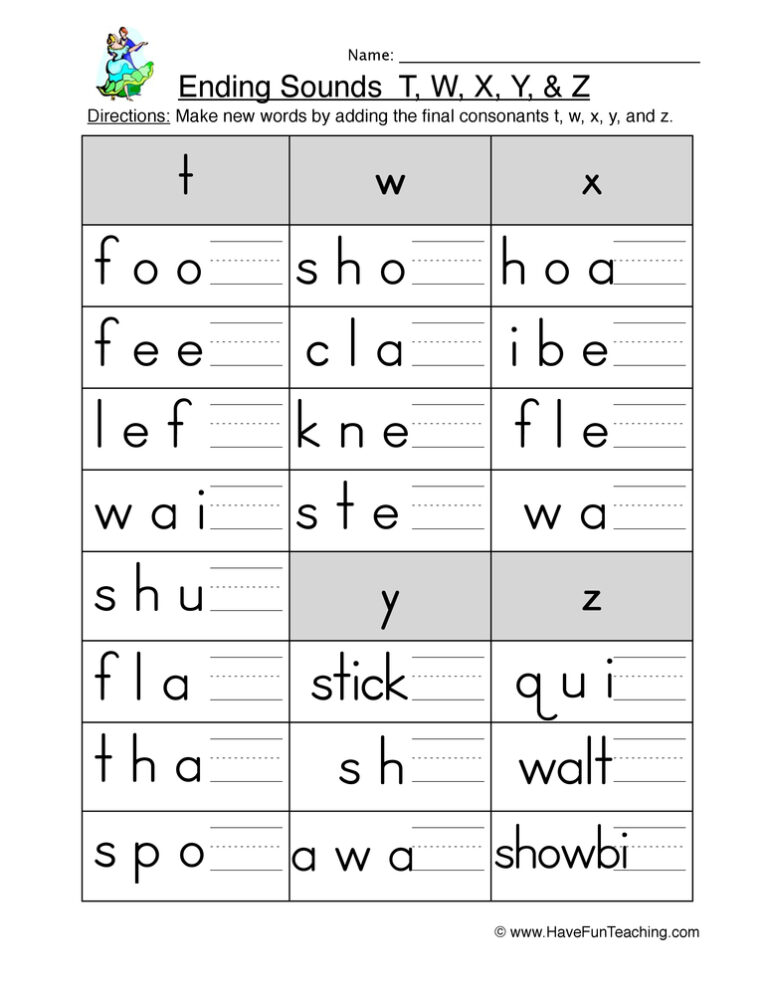 Ending Sounds T W X Y Z Worksheet - Have Fun Teaching