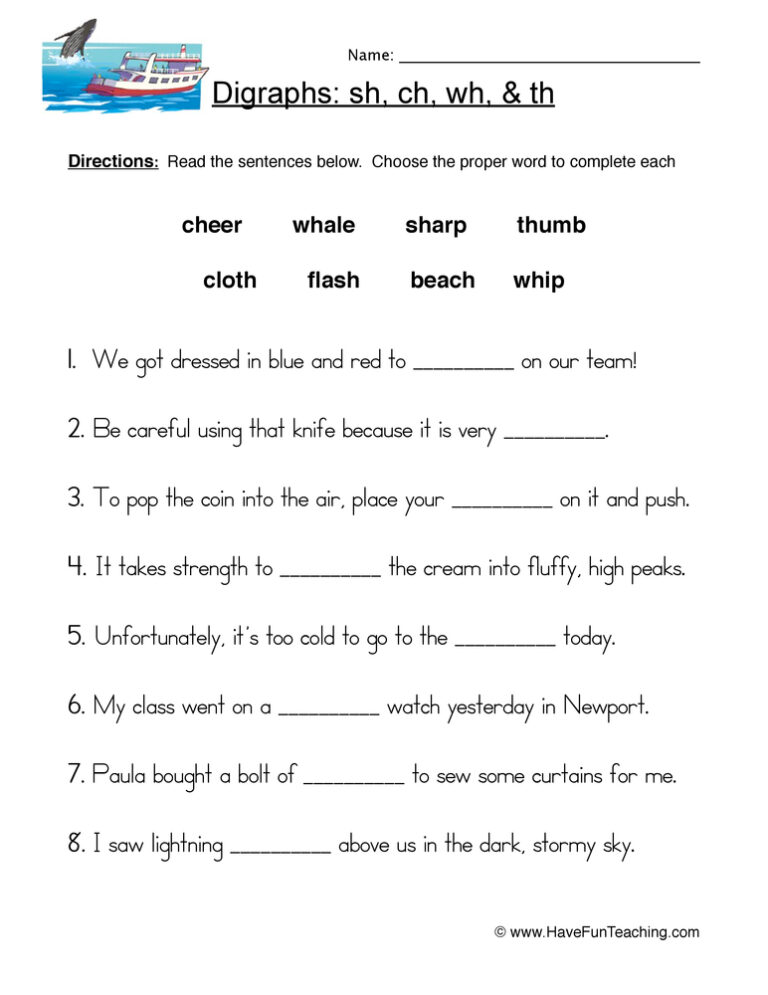 H Digraphs Fill in the Blank Worksheet - Have Fun Teaching