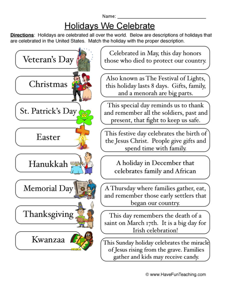 Holidays Match Worksheet - Have Fun Teaching