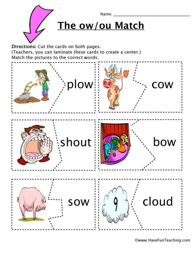 OU OW Matching Game Worksheet - Have Fun Teaching