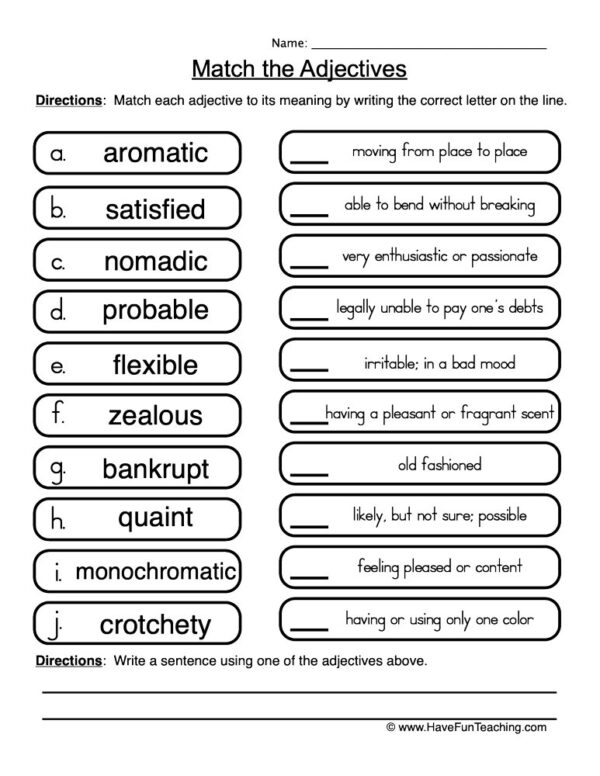 Matching Adjectives Worksheet - Have Fun Teaching