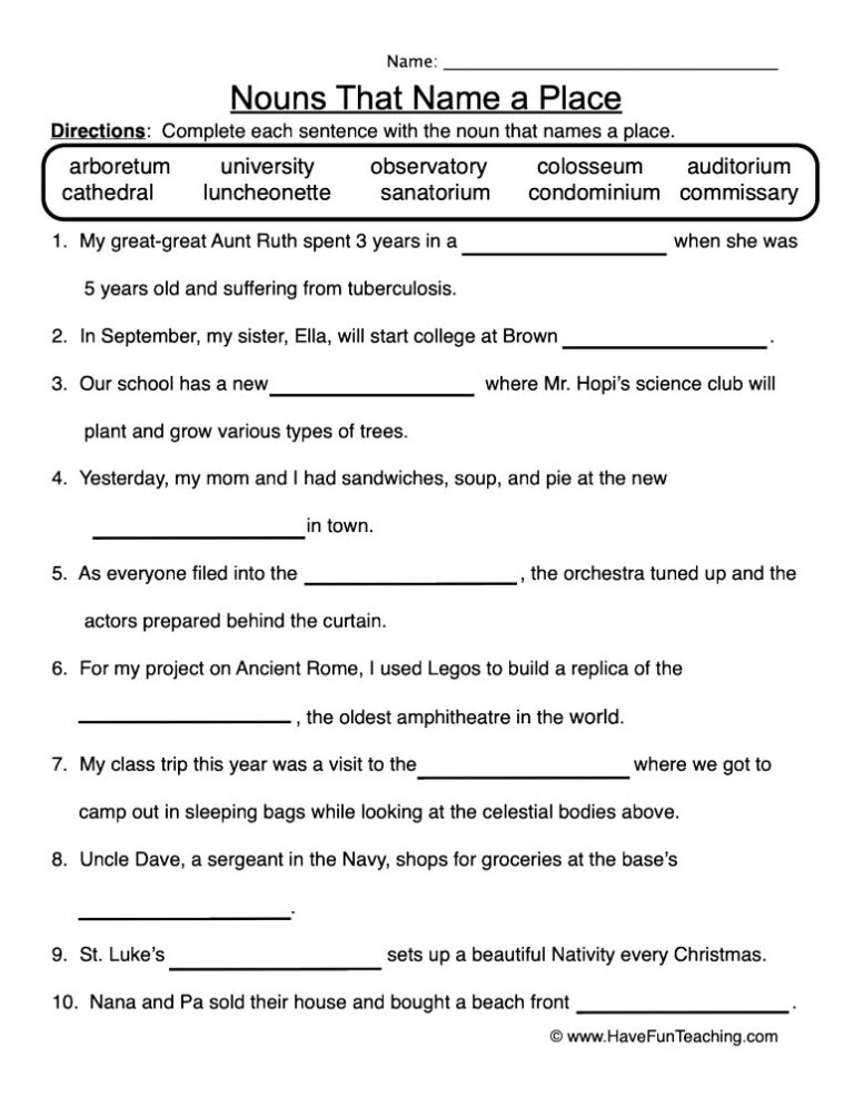 Nouns That Name a Place Worksheet - Have Fun Teaching