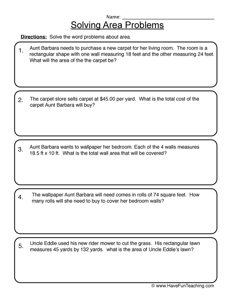 Solving Area Problems Area Worksheet 3