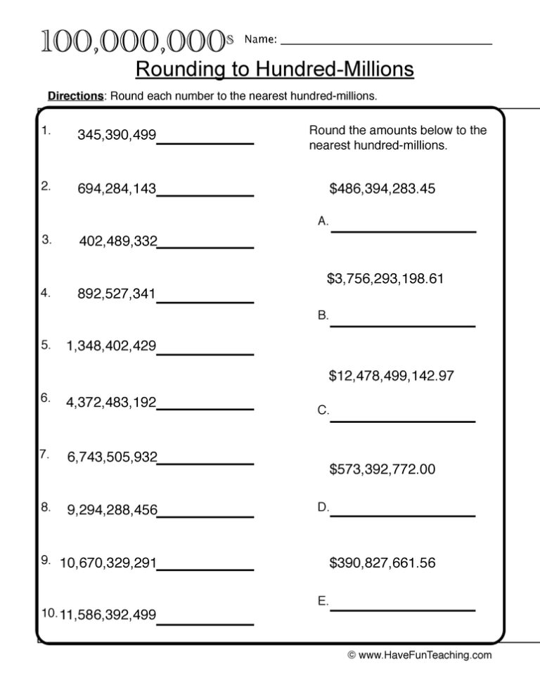 Rounding to Hundred Millions Worksheet - Have Fun Teaching