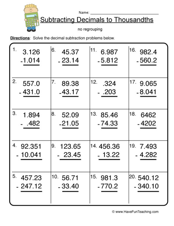 Subtract To Thousandths Decimal Worksheet Have Fun Teaching Subtract To Thousandths Decimal Worksheet Have Fun Teaching