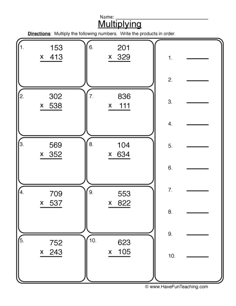 3x3 Digit Multiplication Worksheet - Have Fun Teaching