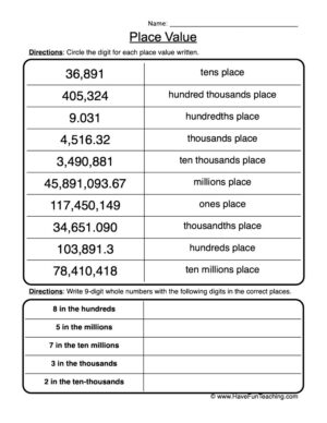 Place Value Review Worksheet 2nd Place Value Worksheets 3 Digit Place