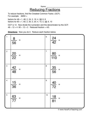Reducing Fractions Worksheet Easy