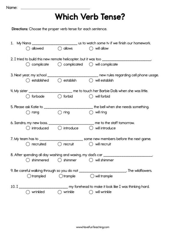 Verb Tenses Fill in the Blank Worksheet - Have Fun Teaching
