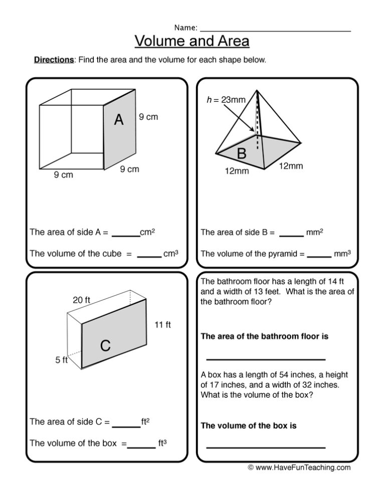 Volume Area Worksheet - Have Fun Teaching