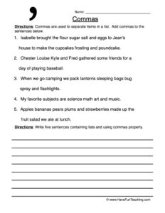Adding Commas in a Series Worksheet - Have Fun Teaching