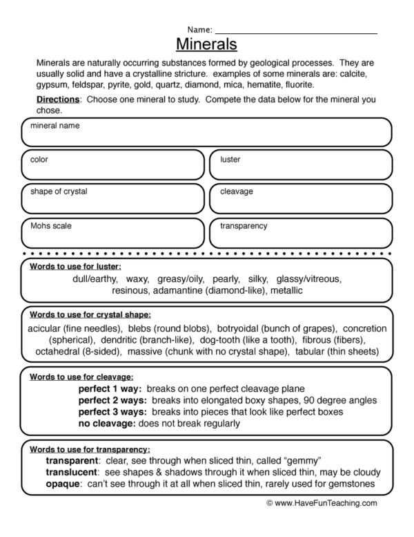Rocks & Minerals Worksheet - Have Fun Teaching