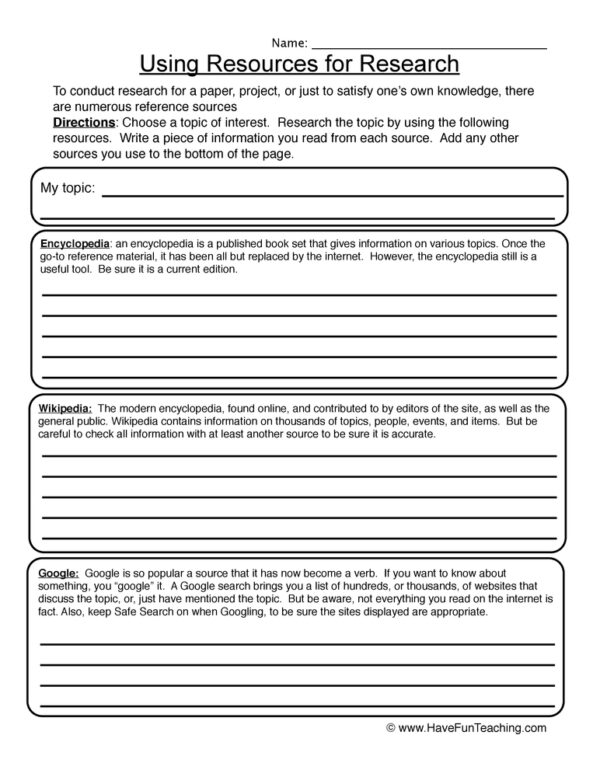 Using Resources Worksheet - Have Fun Teaching