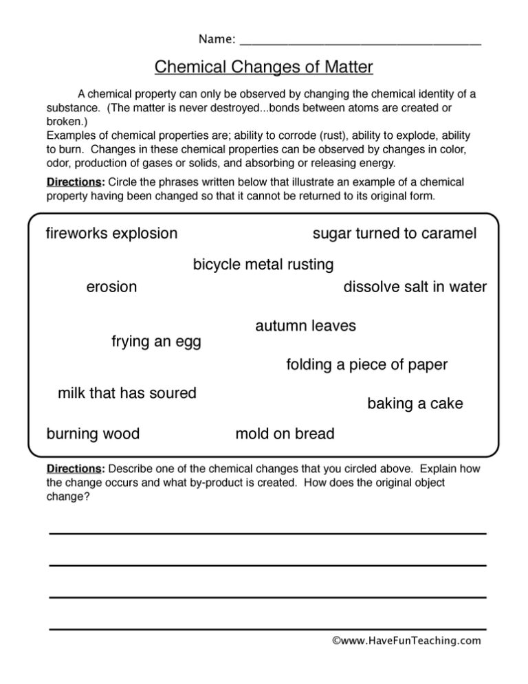 Chemical Changes Matter Worksheet - Have Fun Teaching