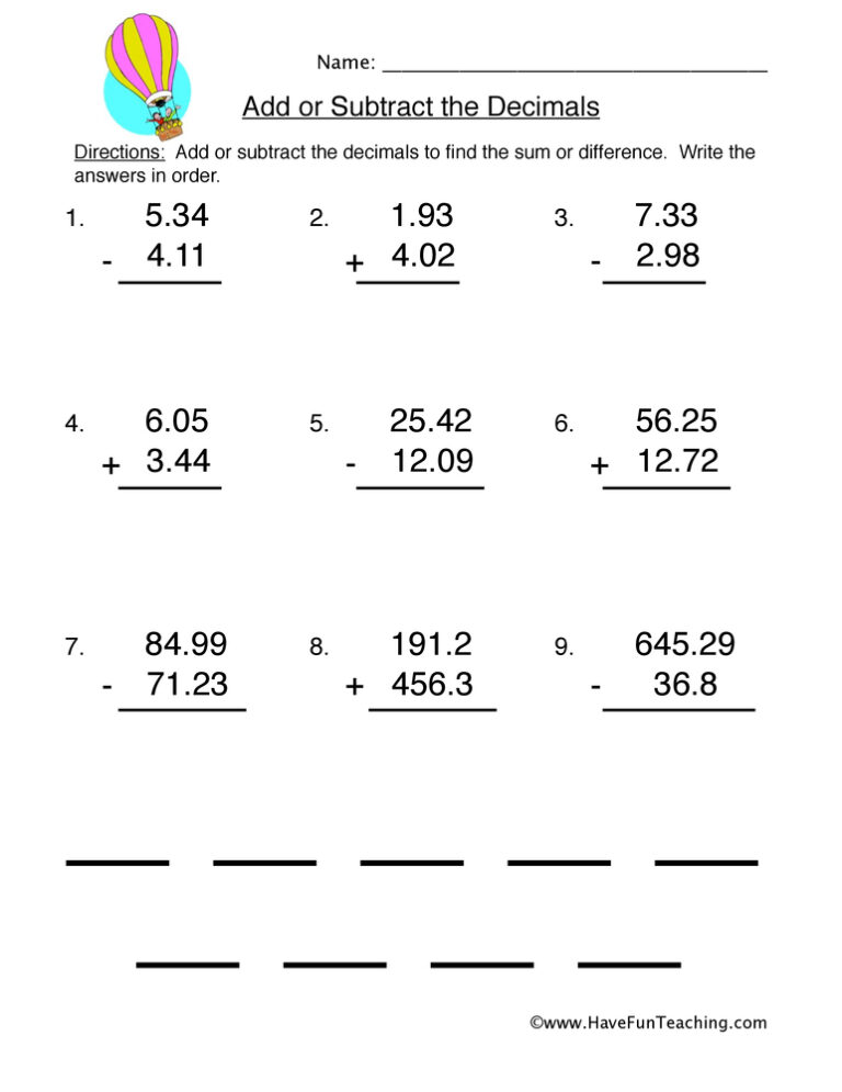 Add/Subtract Decimals Worksheet - Have Fun Teaching
