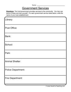 Government Services Worksheet - Local Establishments - Have Fun Teaching