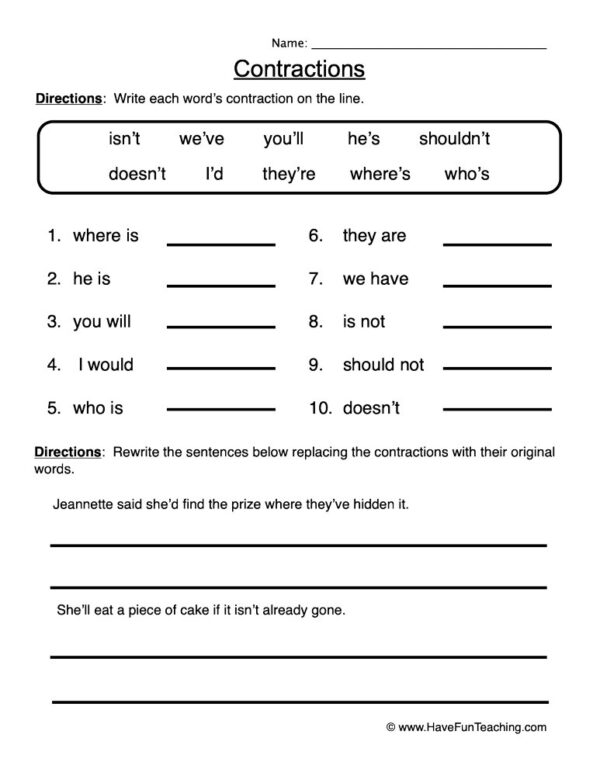 Contraction Worksheets - Have Fun Teaching