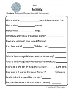Mercury Planet Worksheet - Have Fun Teaching