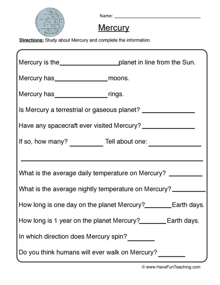 Mercury Planet Worksheet - Have Fun Teaching