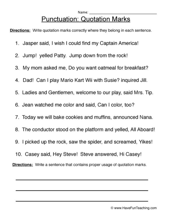 Quotations Punctuation Worksheet - Have Fun Teaching