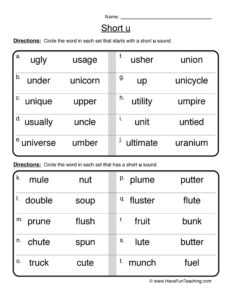 Circling Short U Words Worksheet - Have Fun Teaching