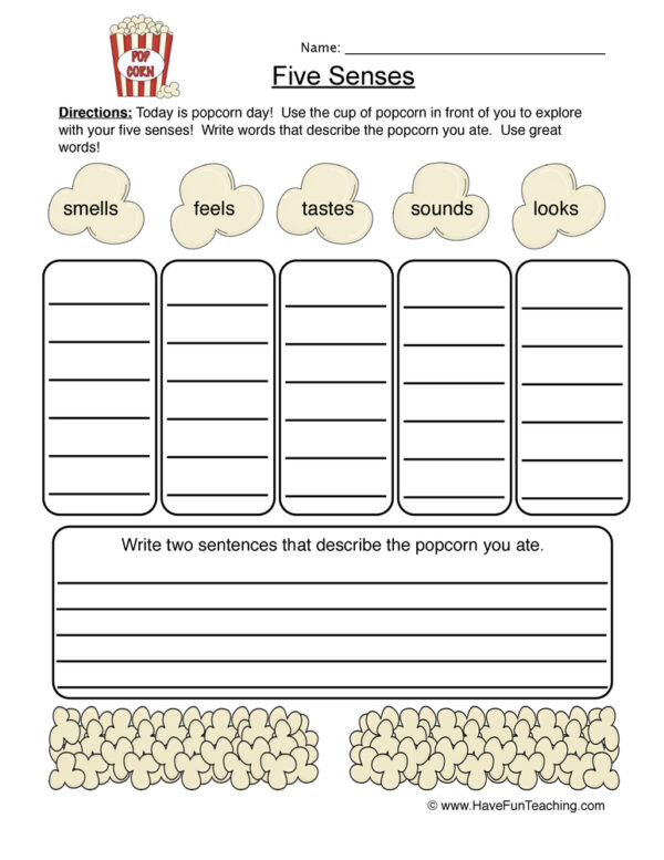 Popcorn Five Senses Worksheet - Have Fun Teaching