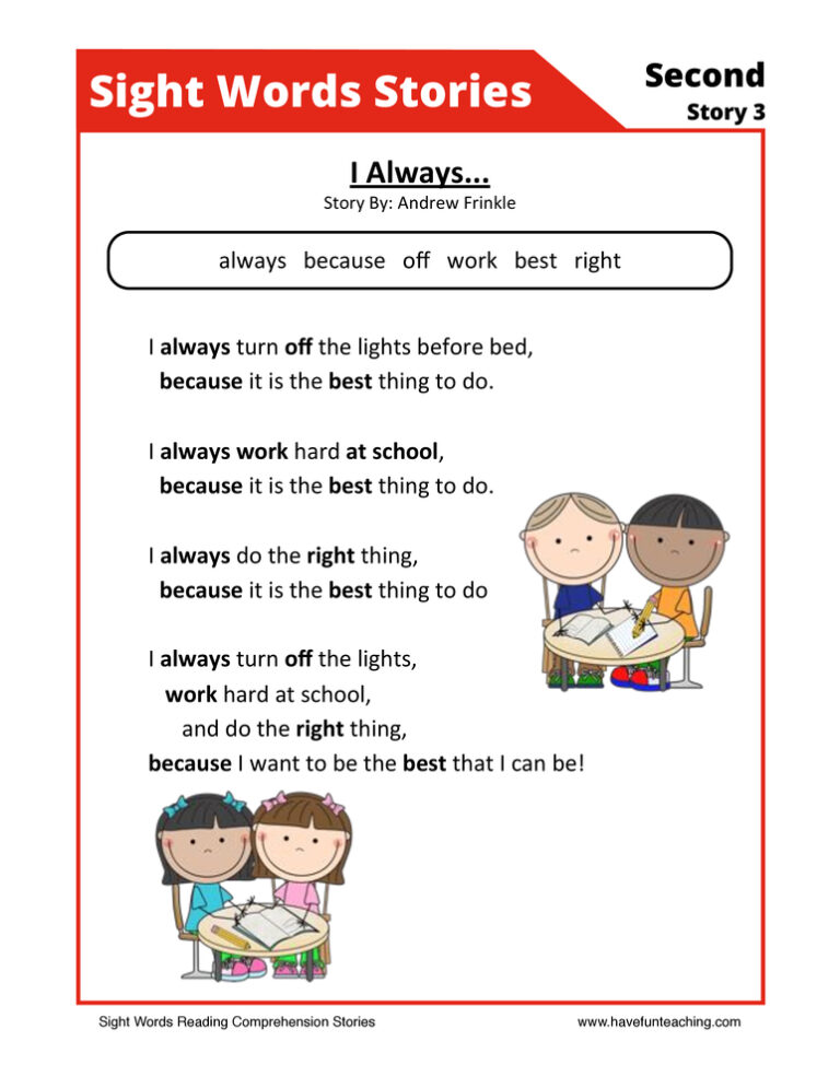 I Always Second Sight Words Reading Comprehension Worksheet - Have Fun ...