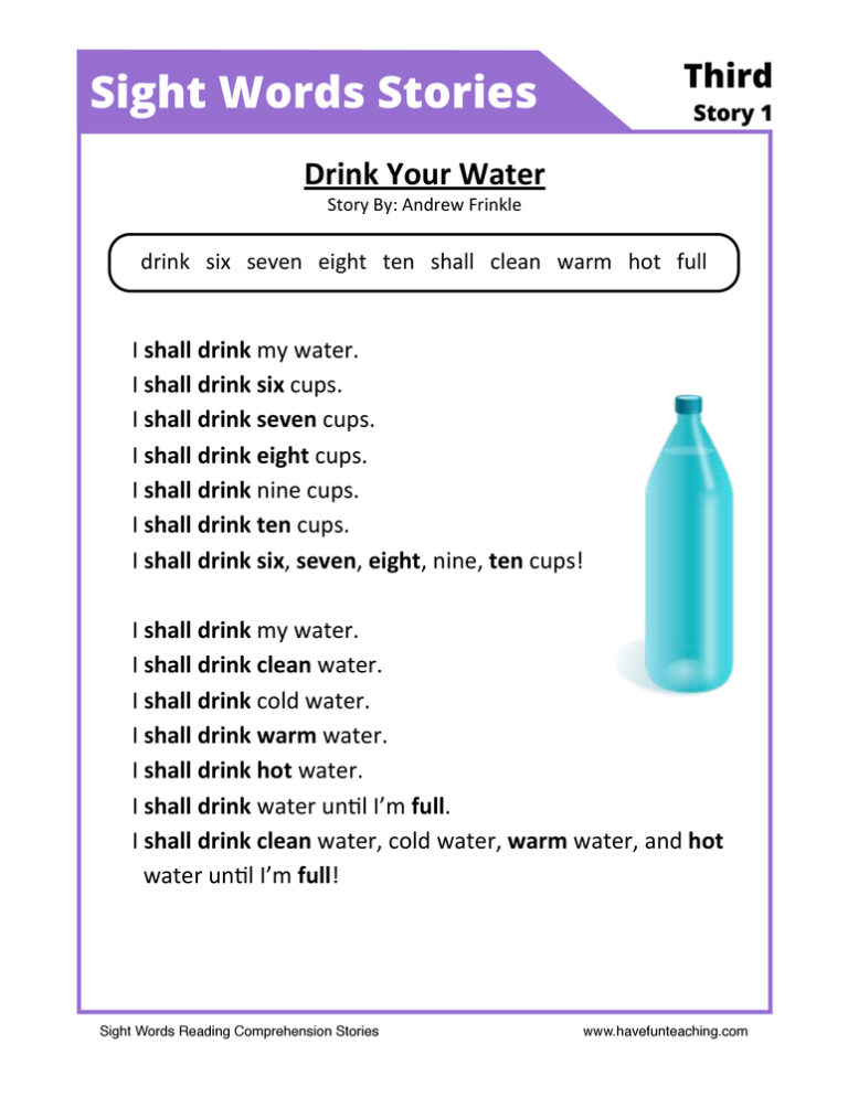 Drink Your Water Third Sight Words Reading Comprehension Worksheet ...