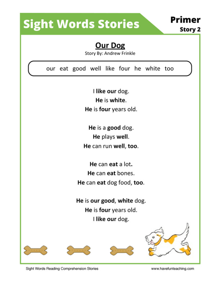 Our Dog Primer Sight Words Reading Comprehension Worksheet - Have Fun ...