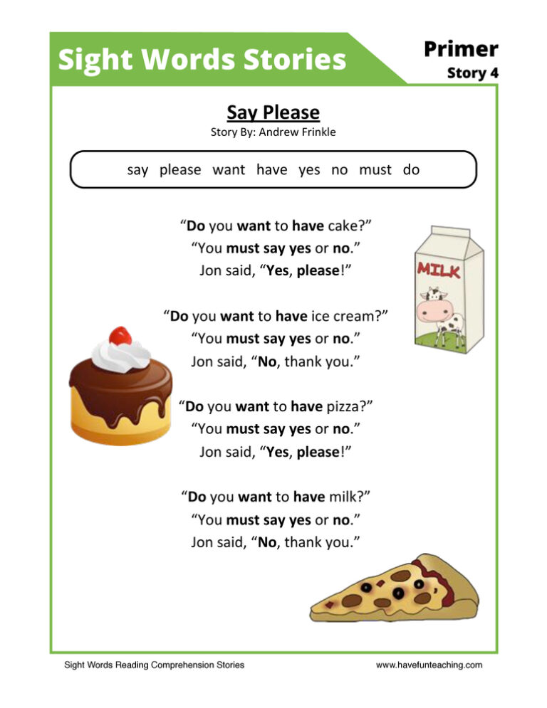 Say Please Primer Sight Words Reading Comprehension Worksheet - Have ...