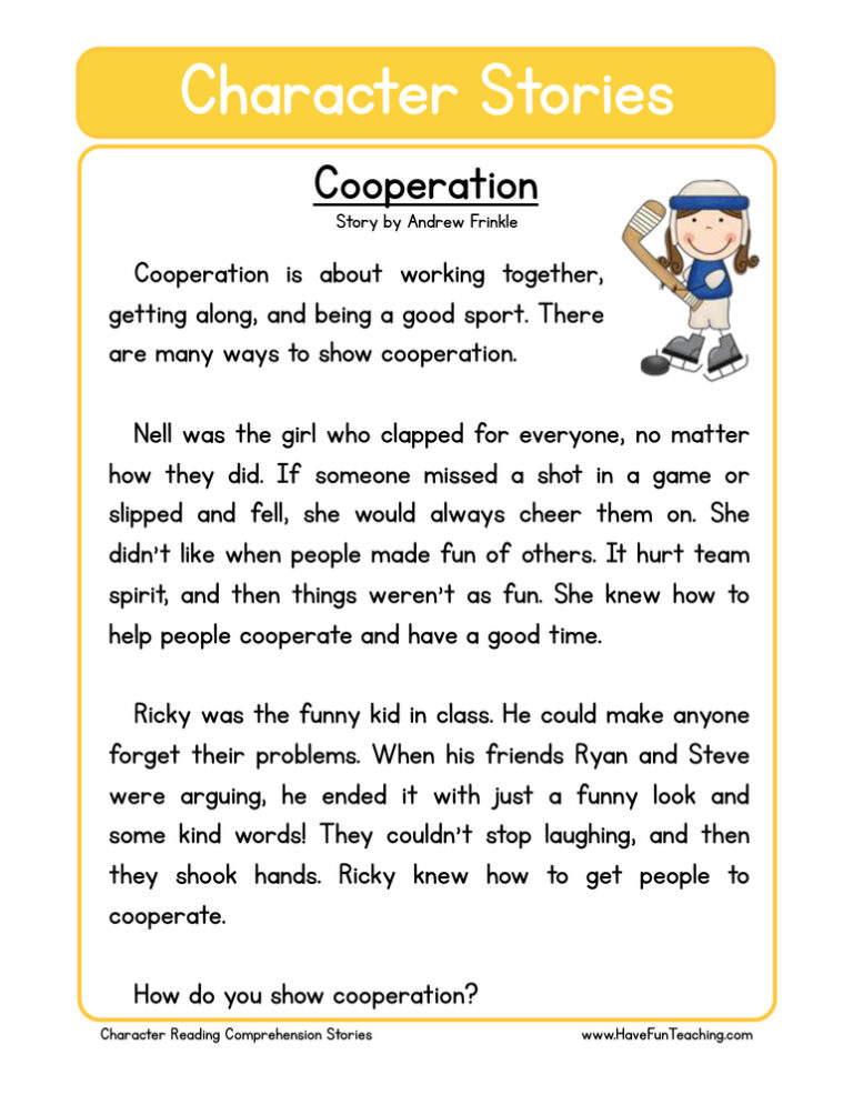 Cooperation Character Reading Comprehension Worksheet - Have Fun Teaching
