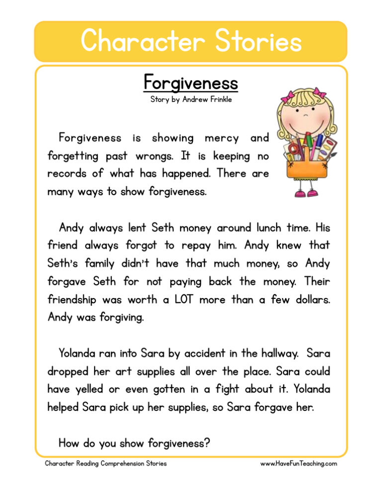 Forgiveness Character Reading Comprehension Worksheet - Have Fun Teaching